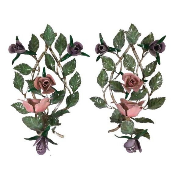 Wolin | Accents | Pair Vtg Italian Tole Metal Candle Wall Sconce Roses ...